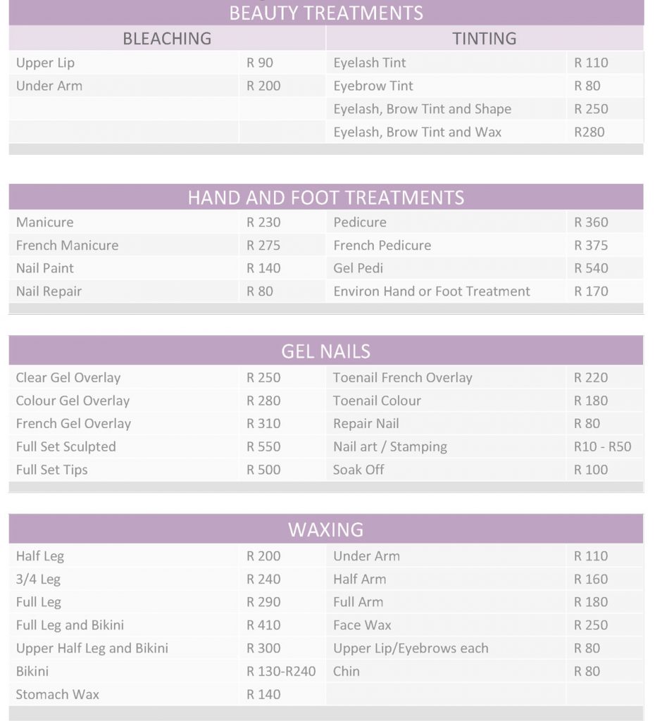 Price List – Essential Beauty And Hair